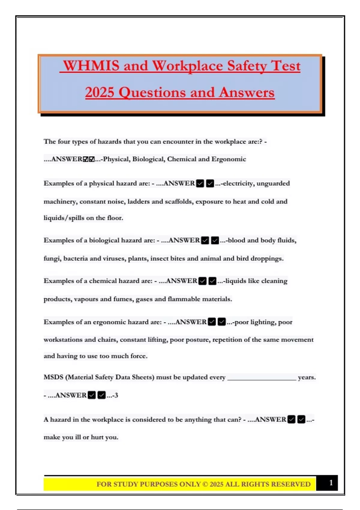 WHMIS and Workplace Safety Test 2025 Questions and Answers - WHMIS ...