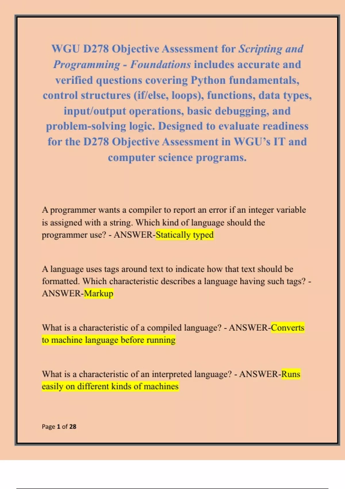 WGU D278 Objective Assessment for Scripting and Programming ...