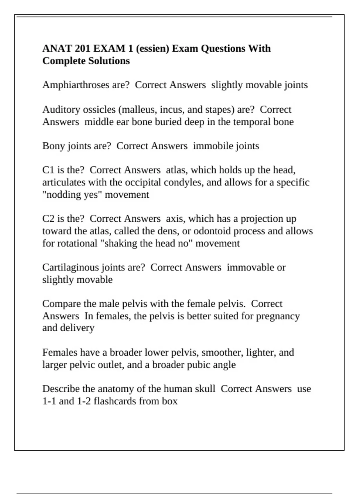 ANAT 201 EXAM 1 (essien) Exam Questions With Complete Solutions - ANAT 201 - Stuvia US