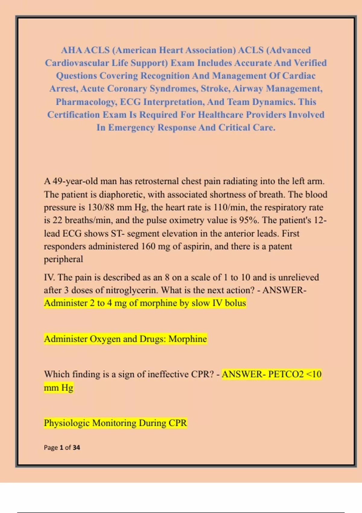 AHA ACLS (American Heart Association) ACLS (Advanced Cardiovascular Life Support) Exam Includes ...