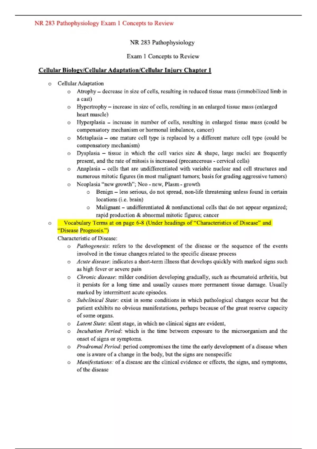 NR 283 Pathophysiology Exam 1: (Latest 2025/ 2026 Update) Exam Review ...