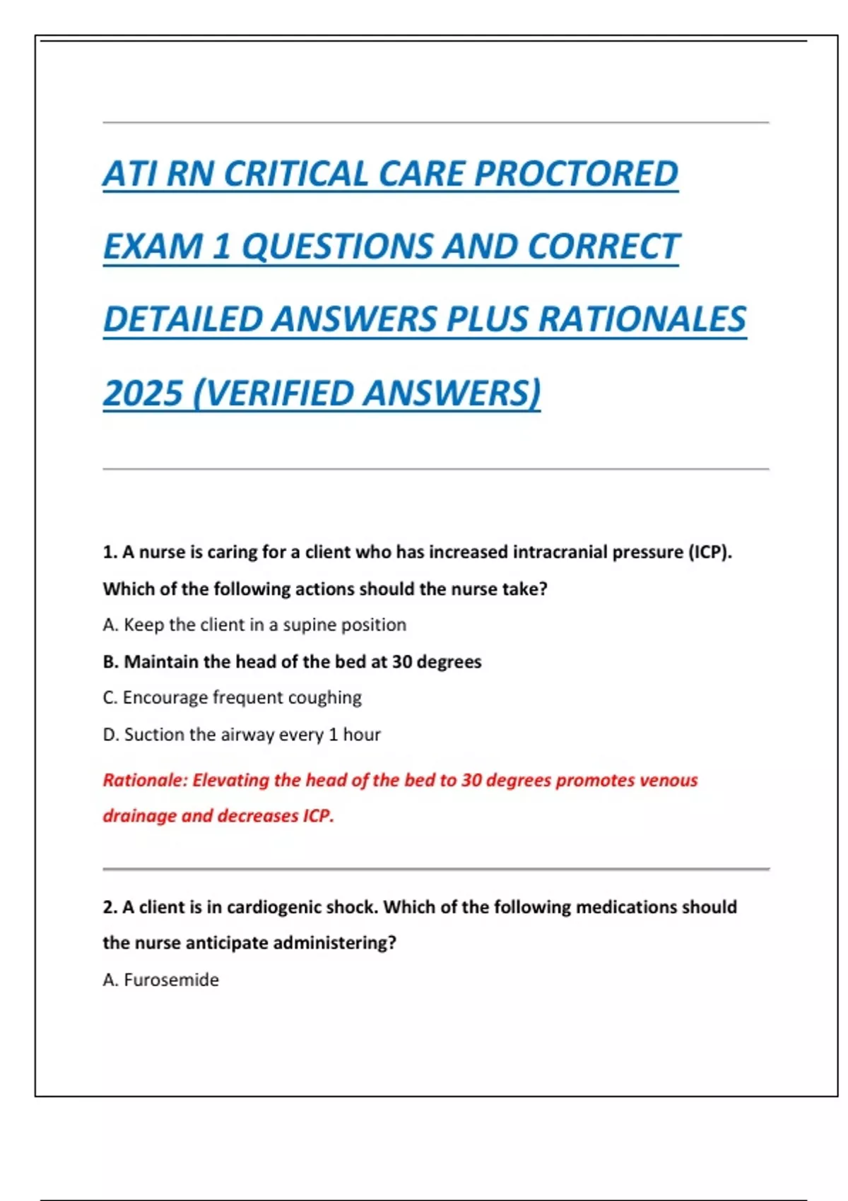 ATI RN CRITICAL CARE PROCTORED EXAM 1 QUESTIONS AND CORRECT DETAILED ...