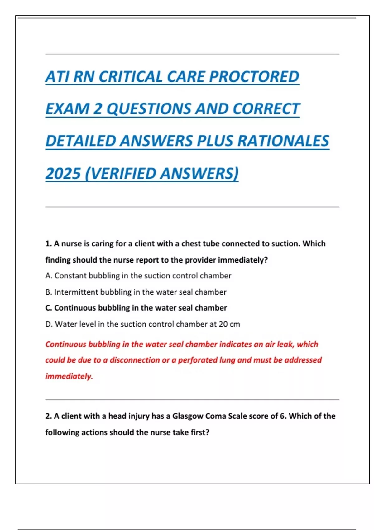 ATI RN CRITICAL CARE PROCTORED EXAM 2 QUESTIONS AND CORRECT DETAILED ...