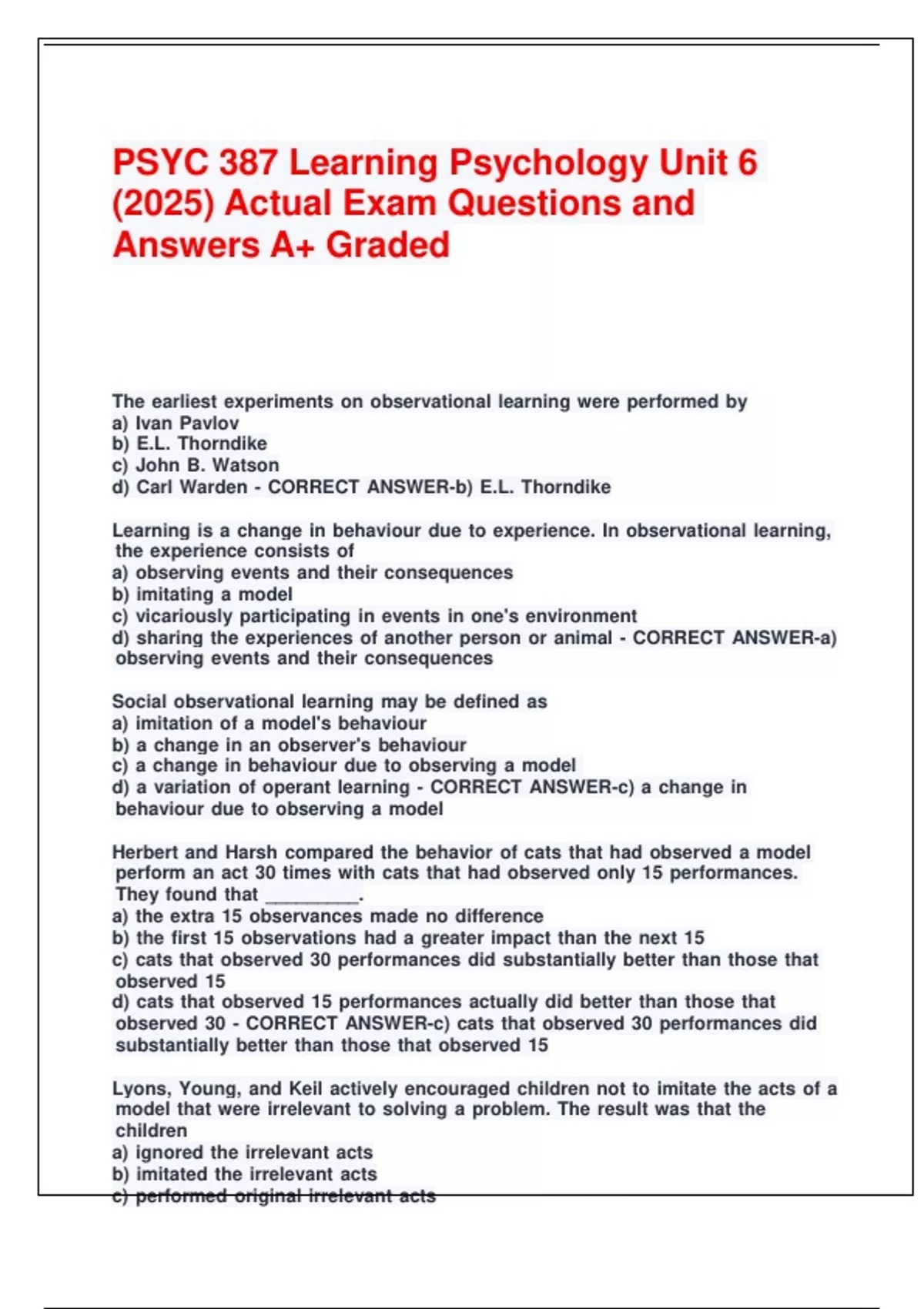 PSYC 387 Learning Psychology Unit 6 (2025) Actual Exam Questions and ...
