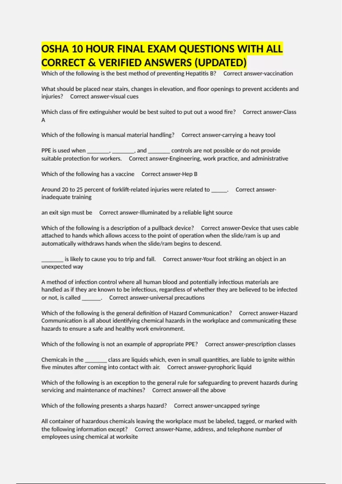 OSHA 10 HOUR FINAL EXAM QUESTIONS WITH ALL CORRECT & VERIFIED ANSWERS ...