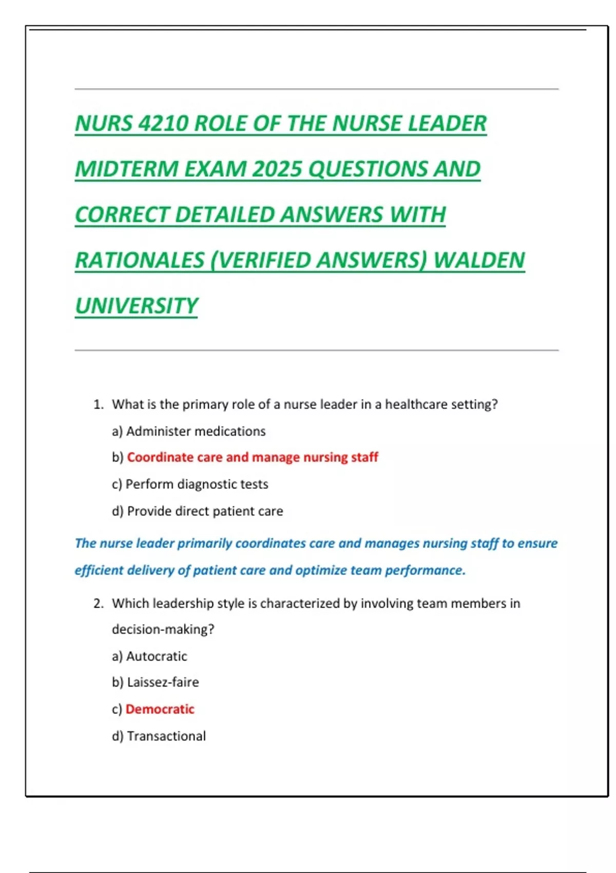 NURS 4210 ROLE OF THE NURSE LEADER MIDTERM EXAM 2025 QUESTIONS AND ...
