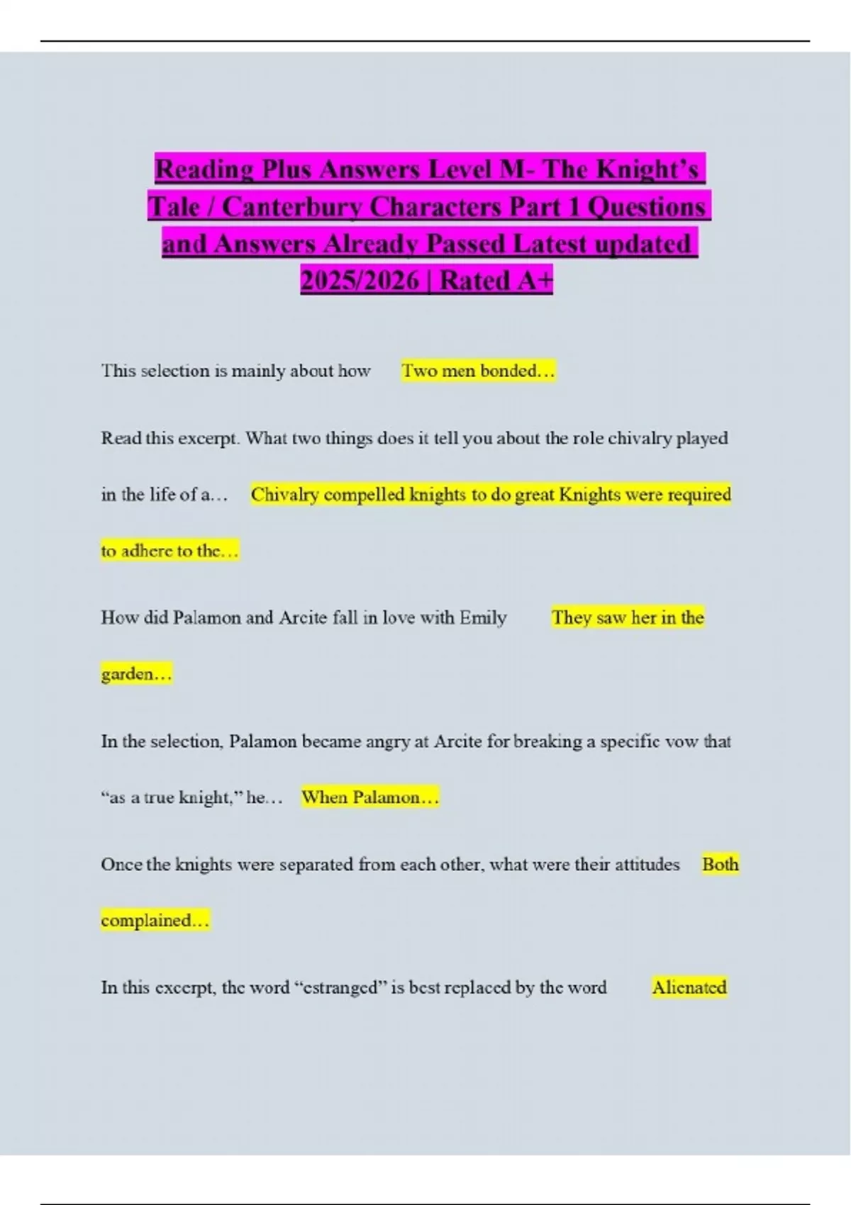 Reading Plus Answers Level M- The Knight’s Tale / Canterbury Characters ...