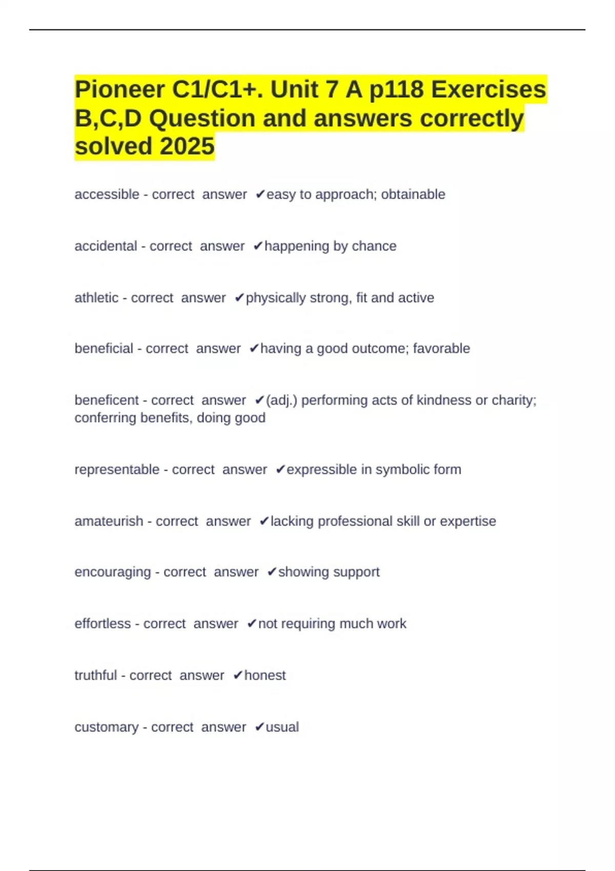 Pioneer C1/C1+. Unit 7 A p118 Exercises B,C,D Question and answers correctly solved 2025 ...