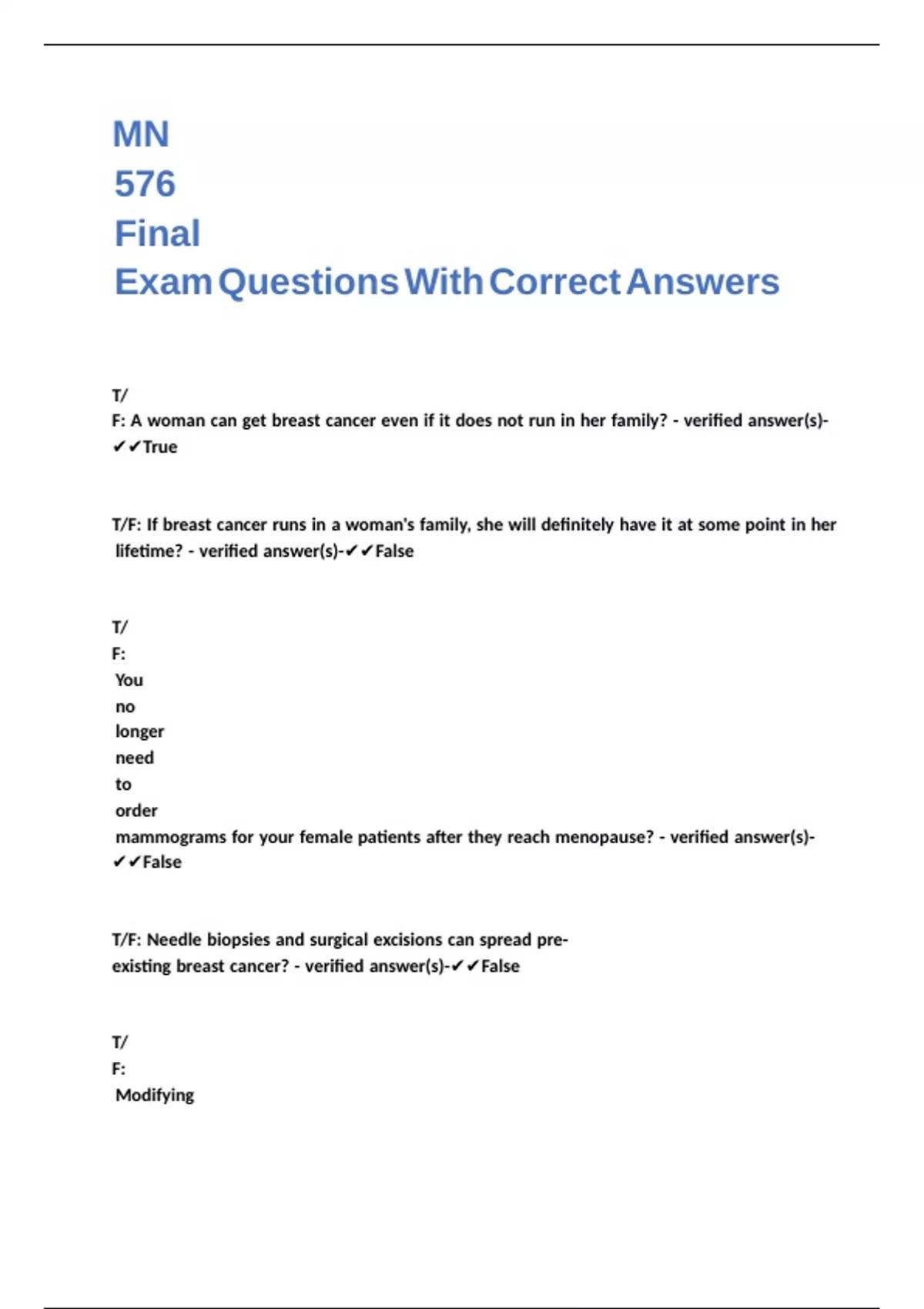 MN 576 Final Exam Questions With Correct Answers - Nsg 233 - Stuvia US