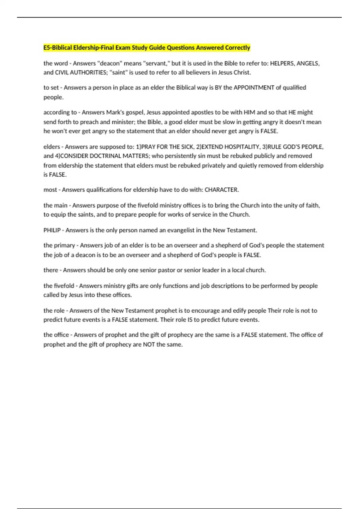 E5-Biblical Eldership-Final Exam Study Guide Questions Answered ...