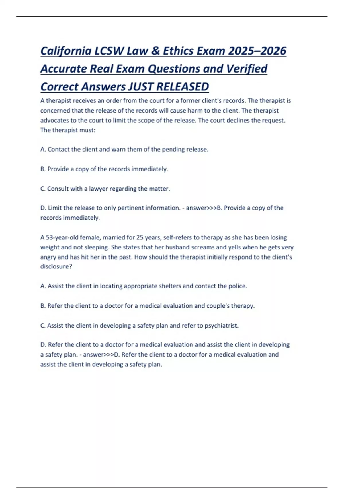 California LCSW Law & Ethics Exam – 2025–2026 – Complete Test Bank with ...