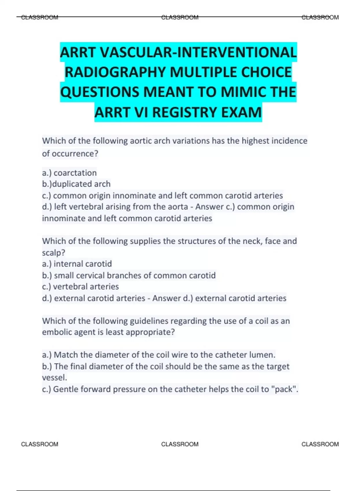 ARRT VASCULAR-INTERVENTIONAL RADIOGRAPHY MULTIPLE CHOICE QUESTIONS ...