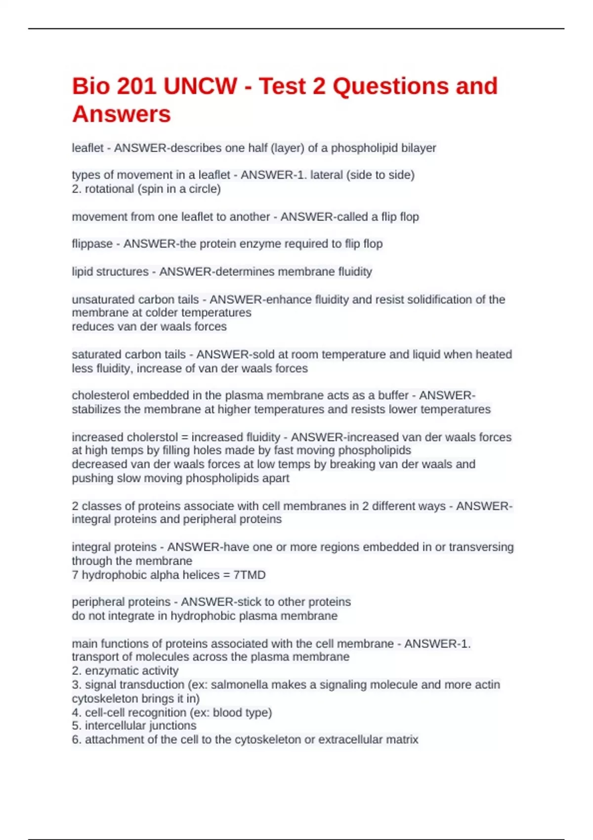 Bio 201 UNCW - Test 2 Questions and Answers - BIO 201 - Stuvia US