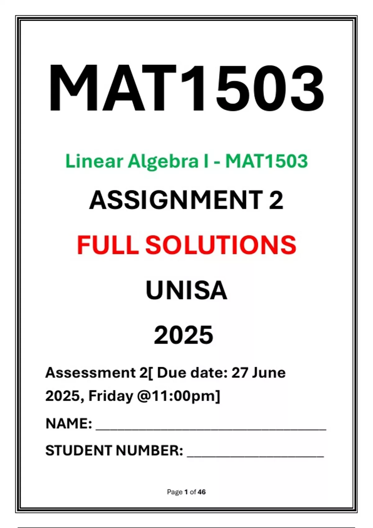 MAT1503 Assignment 2 Complete Solutions UNISA 2025 Linear Algebra I ...
