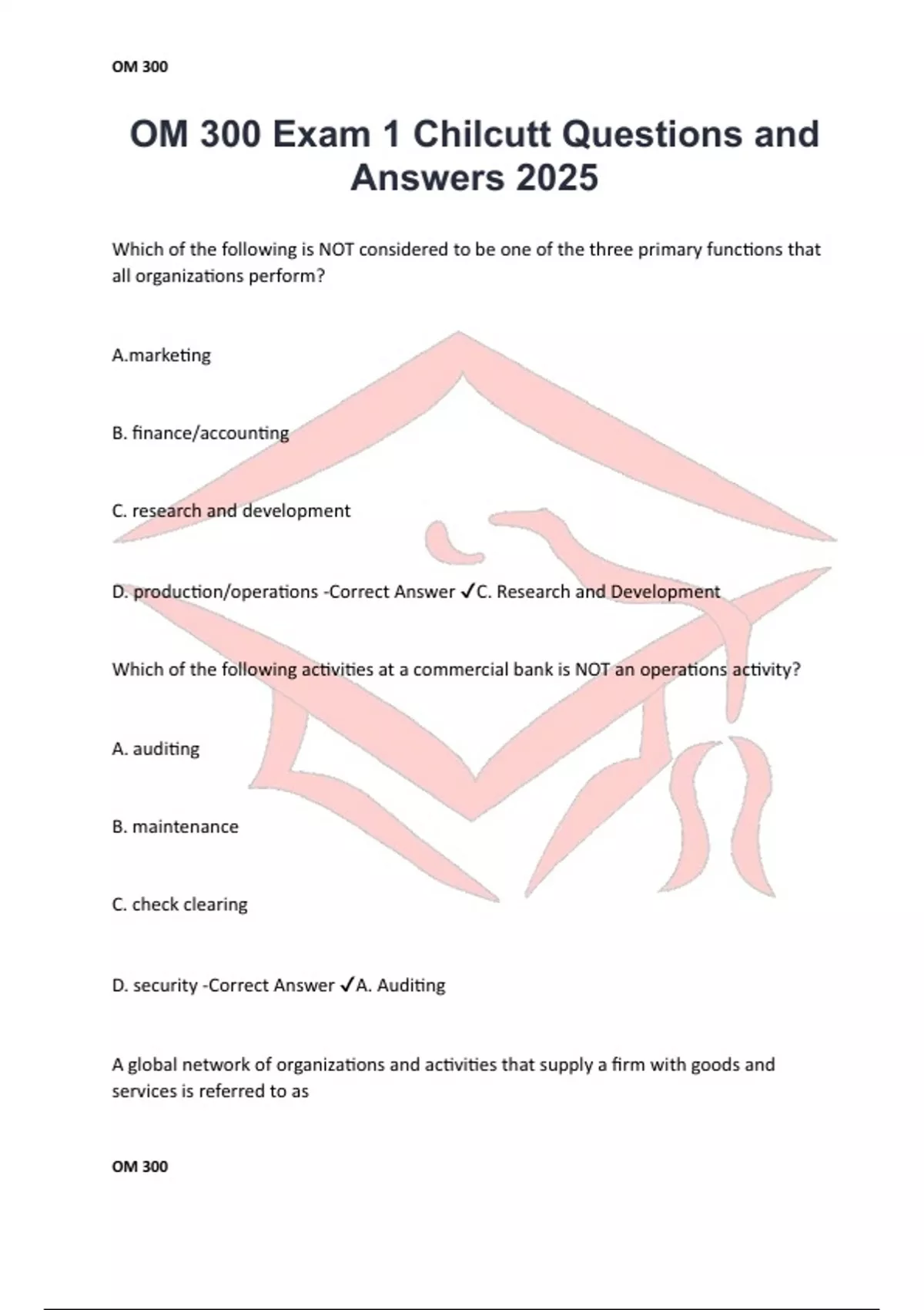 OM 300 Exam 1 Chilcutt Questions and Answers 2025 - OM 300 - Stuvia US