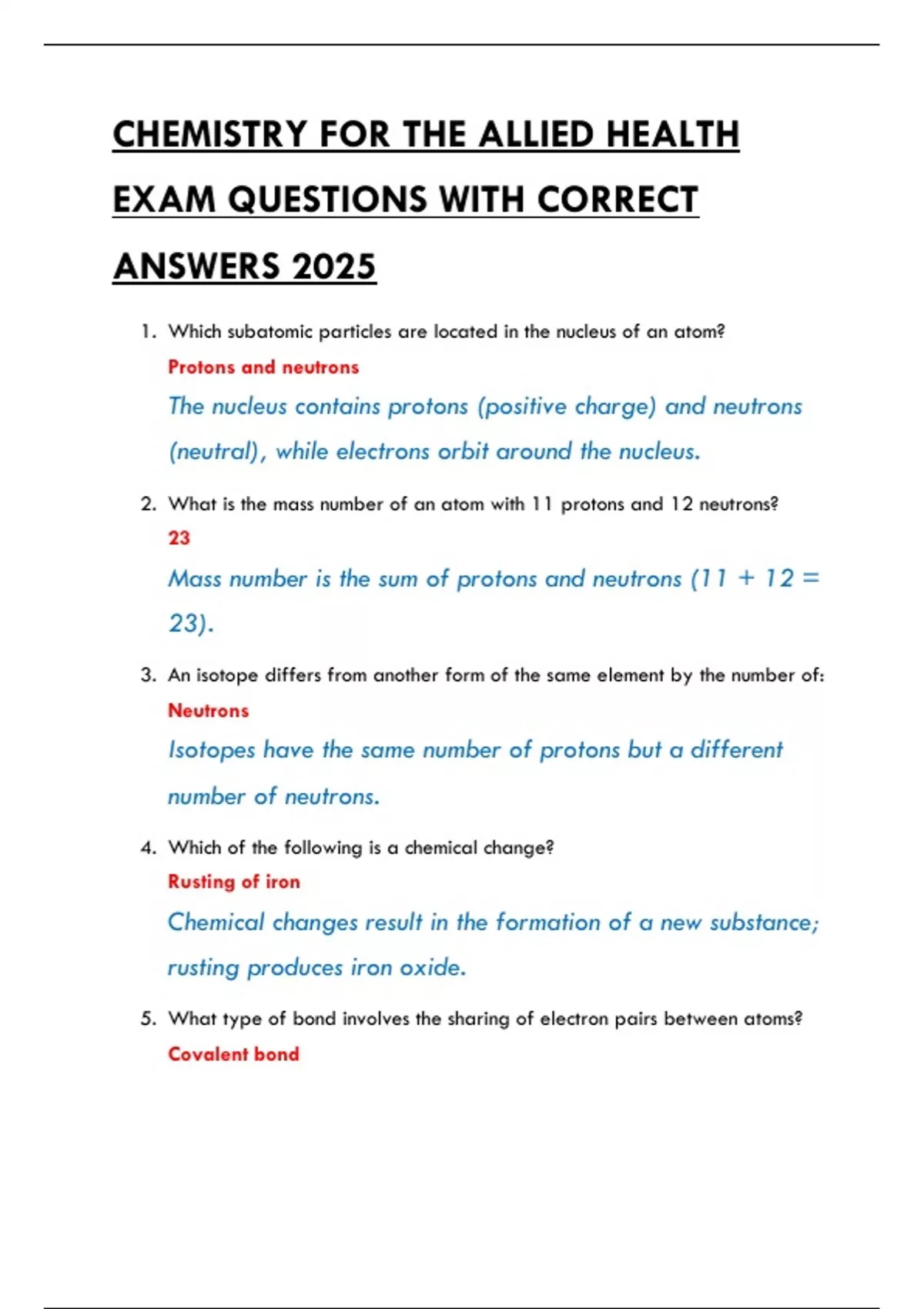 CHEMISTRY FOR THE ALLIED HEALTH EXAM QUESTIONS WITH CORRECT ANSWERS ...