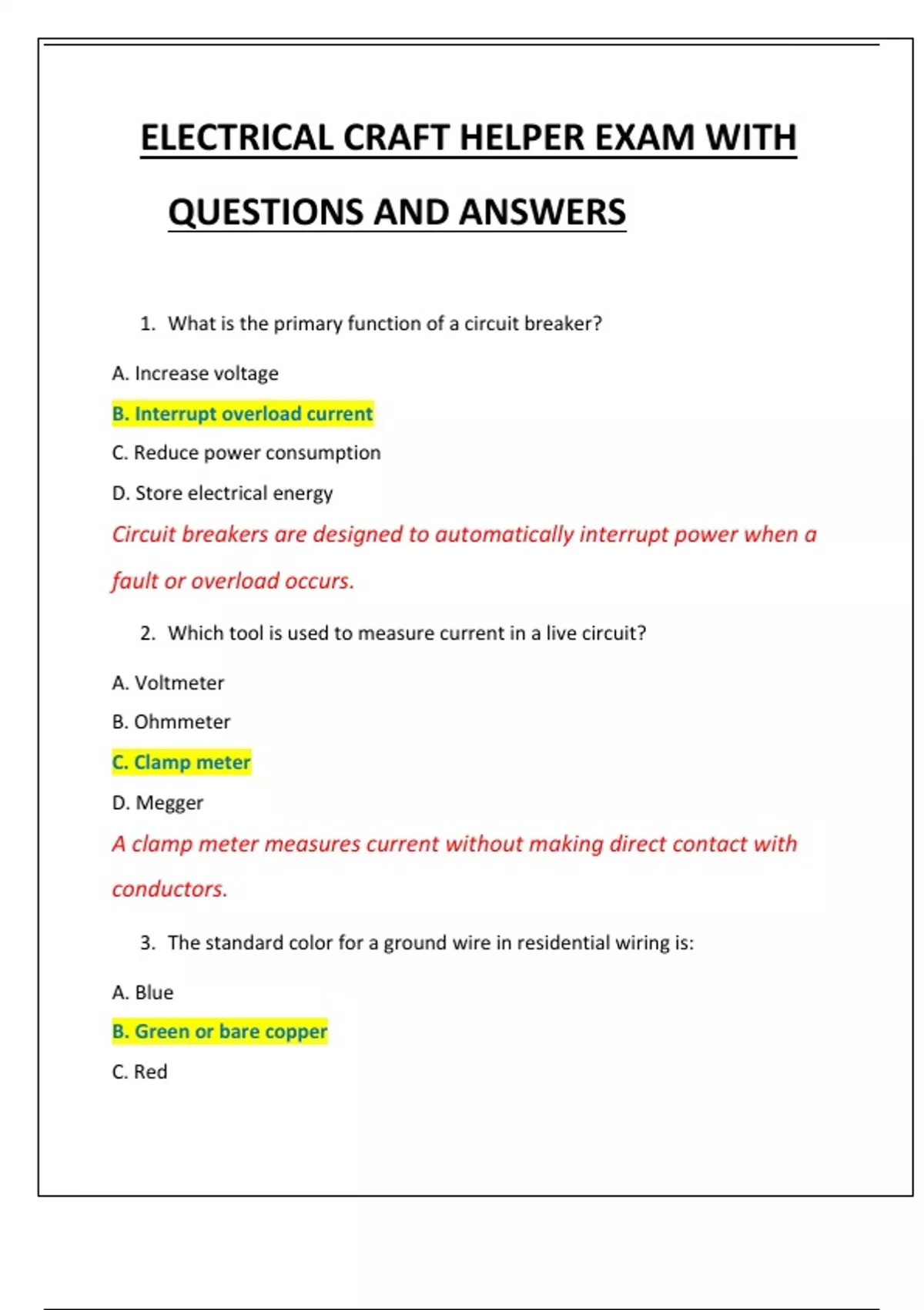 ELECTRICAL CRAFT HELPER EXAMS BUNDLE WITH QUESTIONS AND ANSWERS - Stuvia US