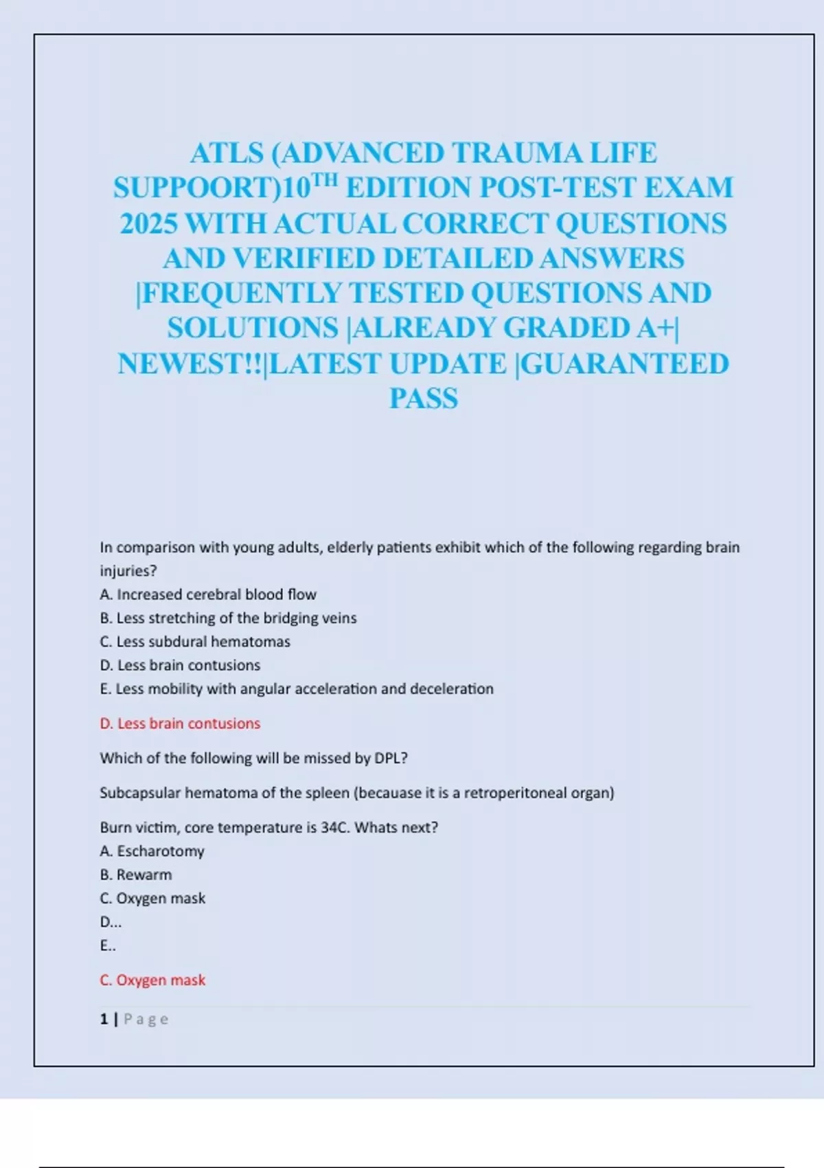 ATLS (ADVANCED TRAUMA LIFE SUPPOORT)10TH EDITION POST-TEST EXAM 2025 ...