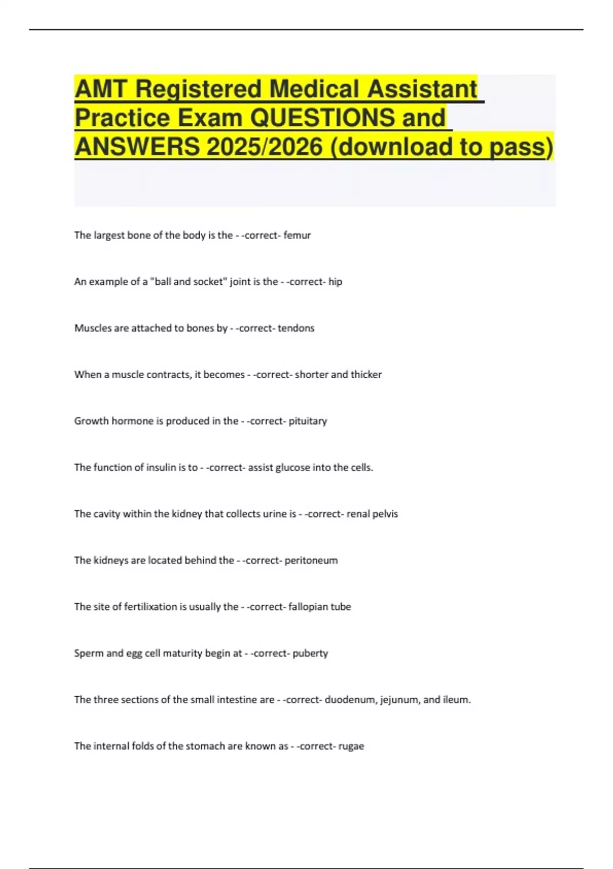 AMT Registered Medical Assistant Practice Exam QUESTIONS and ANSWERS 2025/2026 (download to pass ...