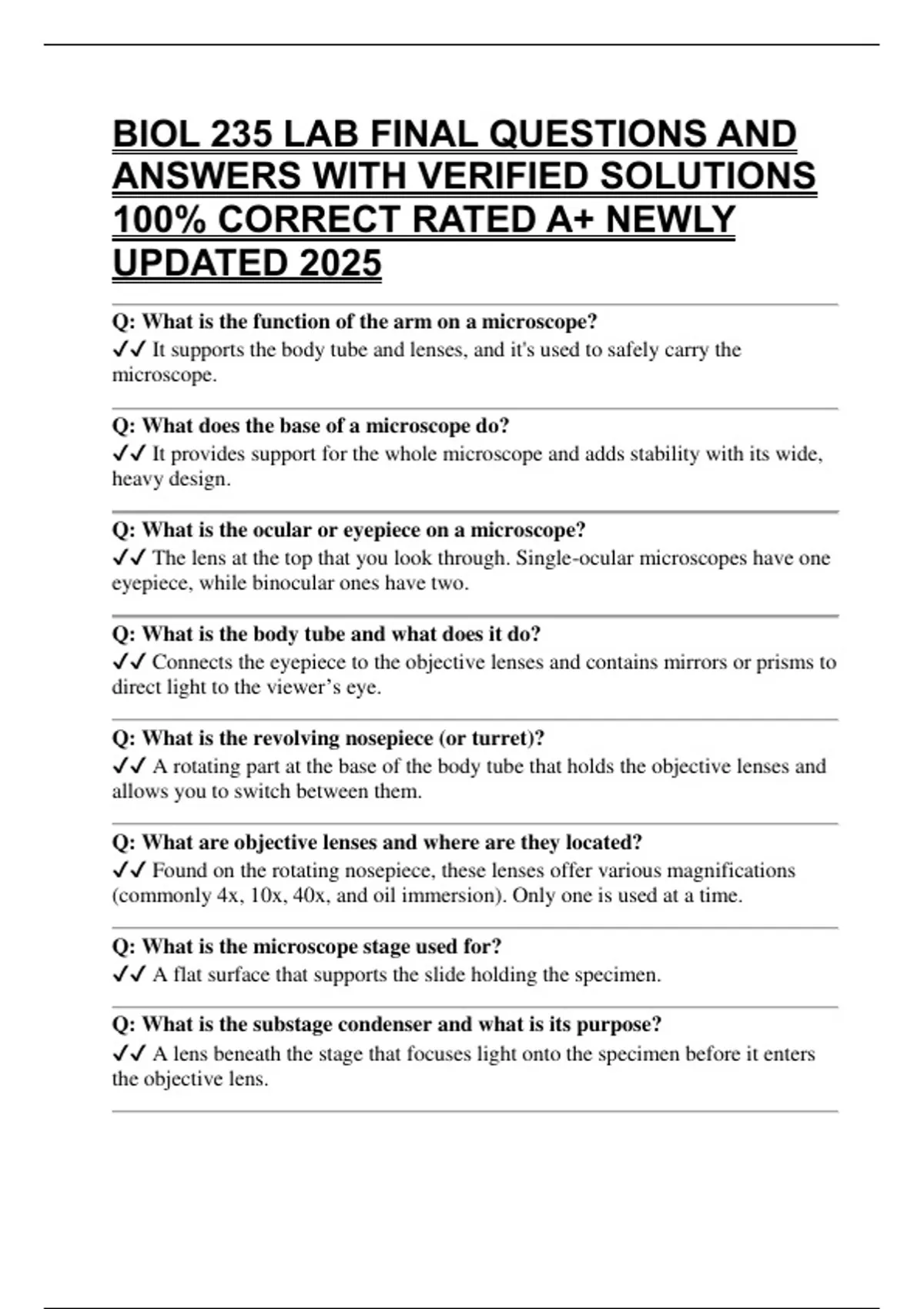 BIOL 235 LAB FINAL QUESTIONS AND ANSWERS WITH VERIFIED SOLUTIONS 100% ...