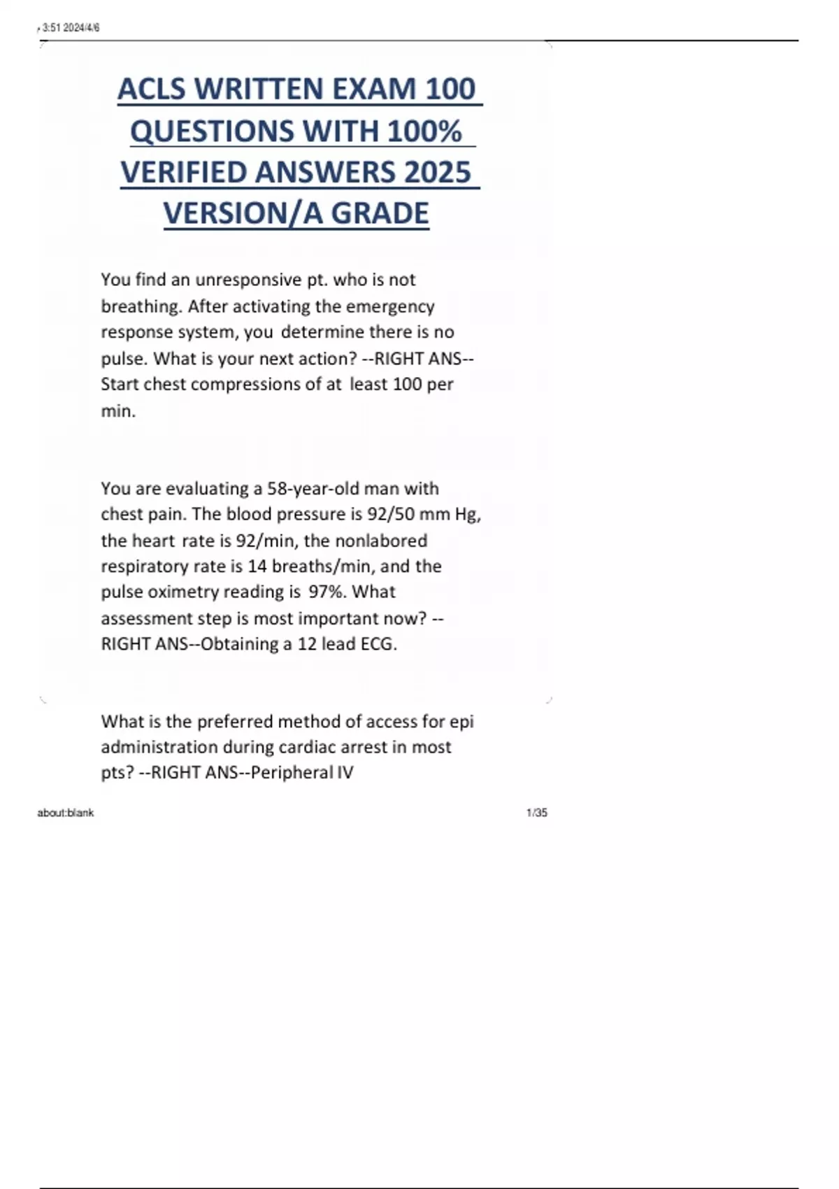 ACLS WRITTEN EXAM 100 QUESTIONS WITH 100% VERIFIED ANSWERS 2025 VERSION ...