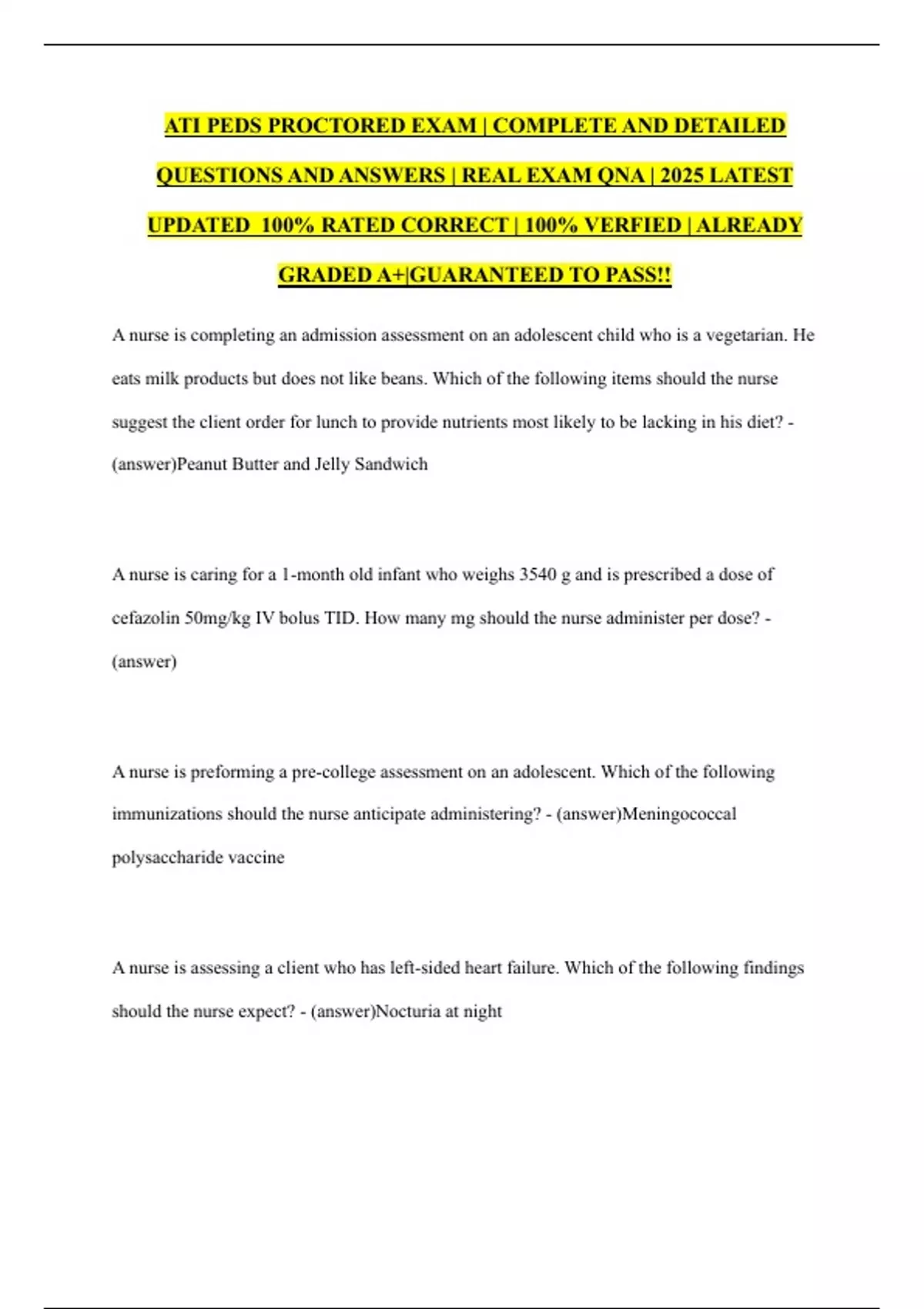 ATI PEDS PROCTORED EXAM | COMPLETE AND DETAILED QUESTIONS AND ANSWERS ...