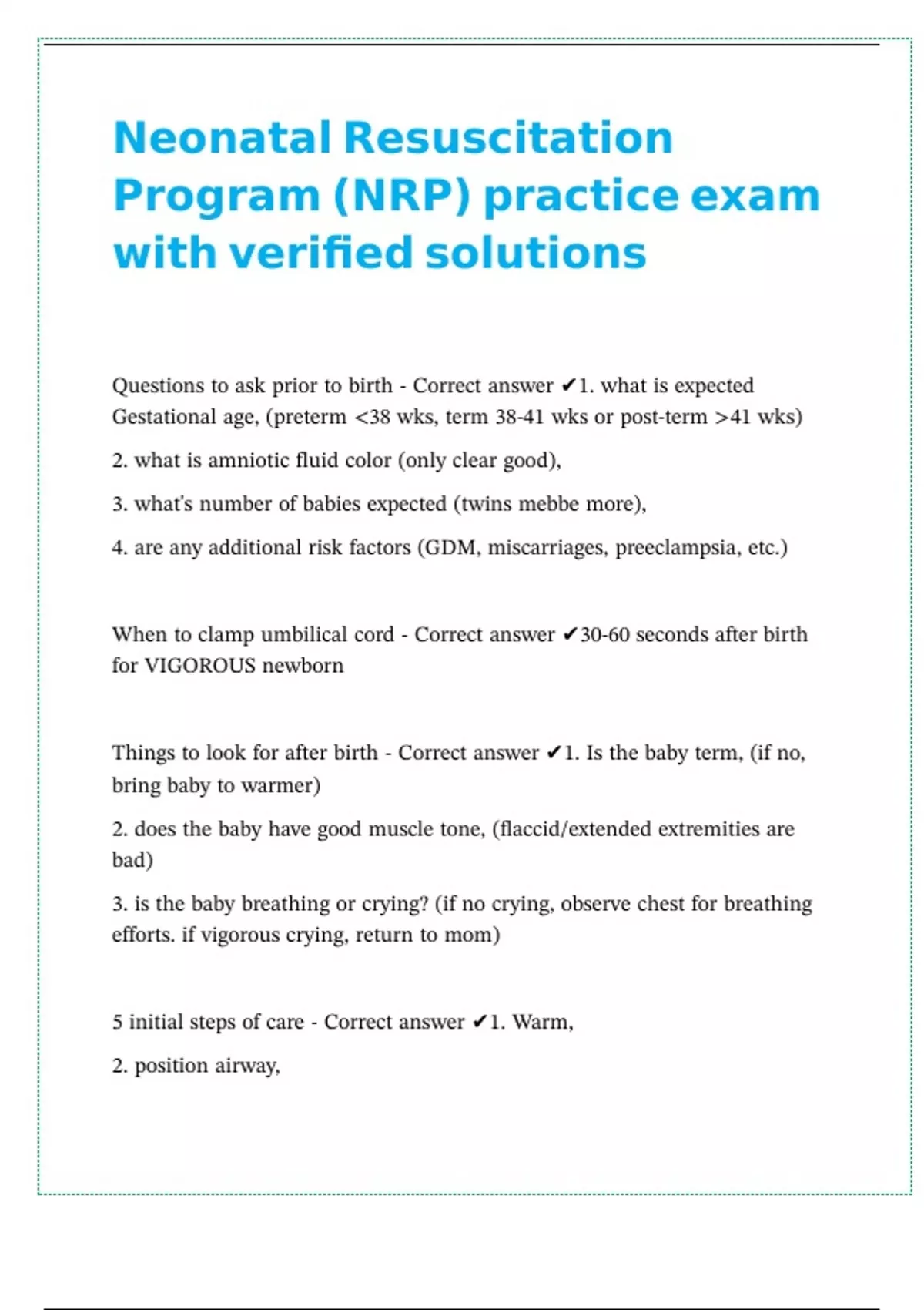 Neonatal Resuscitation Program (NRP) practice exam with verified ...
