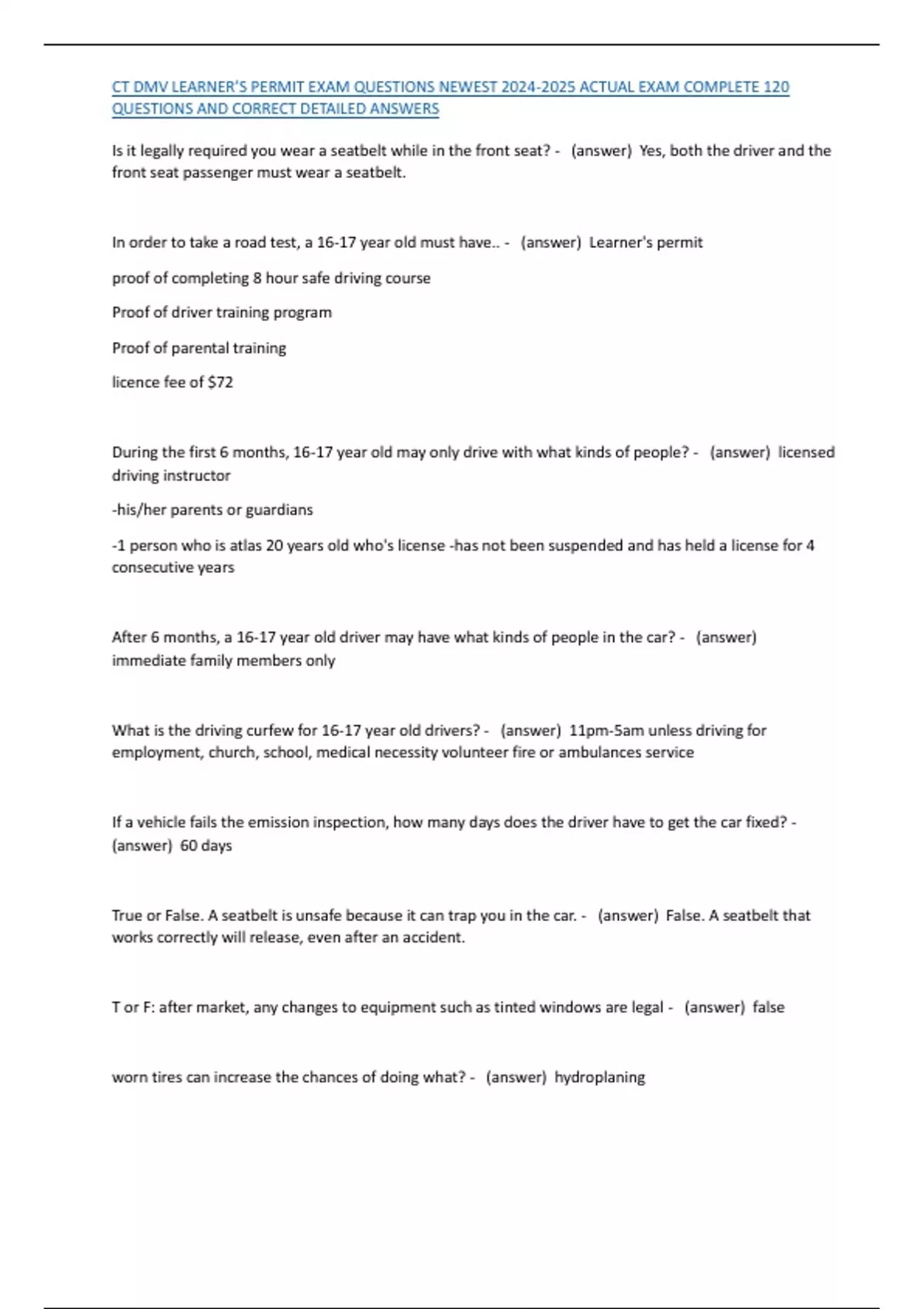 CT DMV LEARNER’S PERMIT EXAM QUESTIONS NEWEST ACTUAL EXAM COMPLETE 120 ...