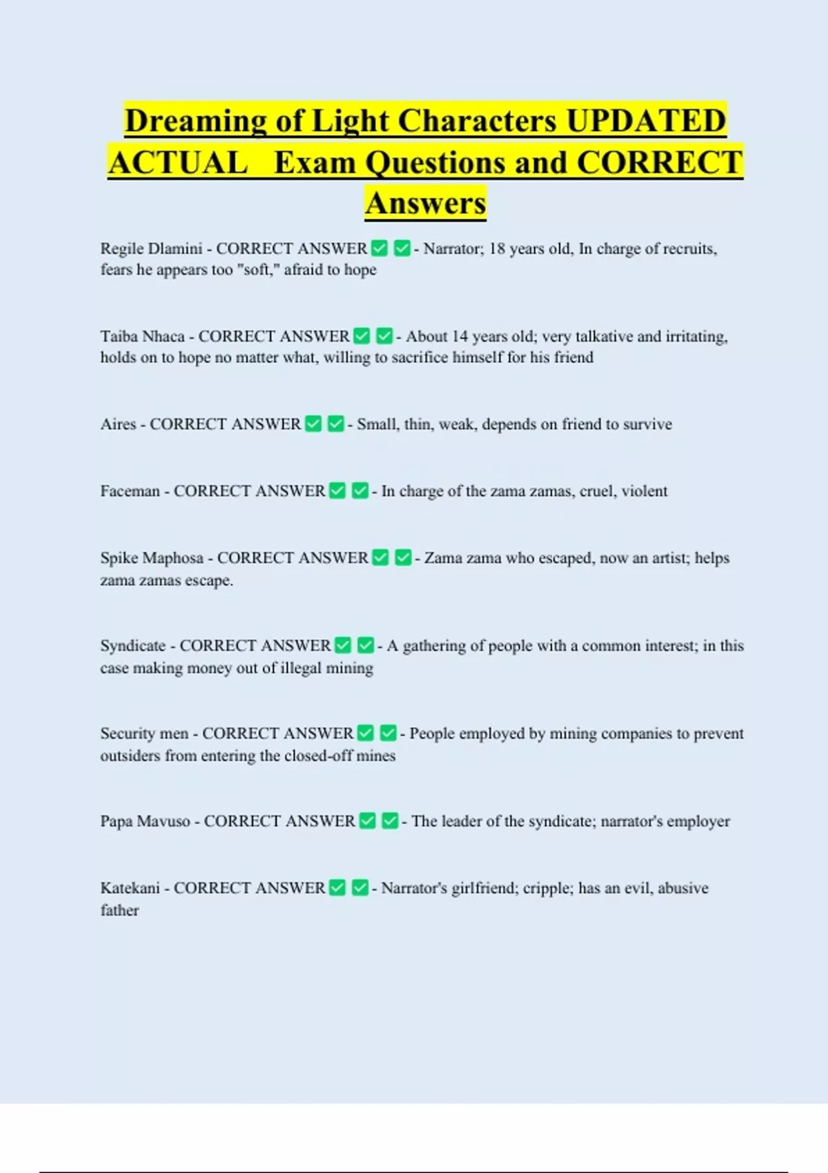 Dreaming of Light Characters UPDATED ACTUAL Exam Questions and CORRECT ...