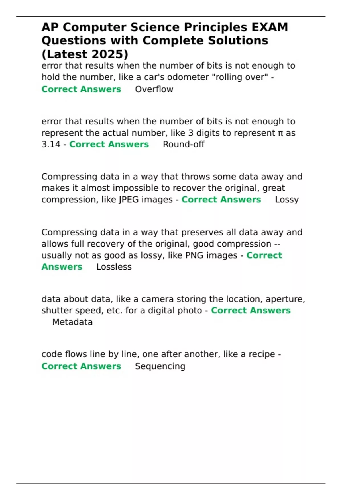 AP Computer Science Principles EXAM Questions with Complete Solutions ...