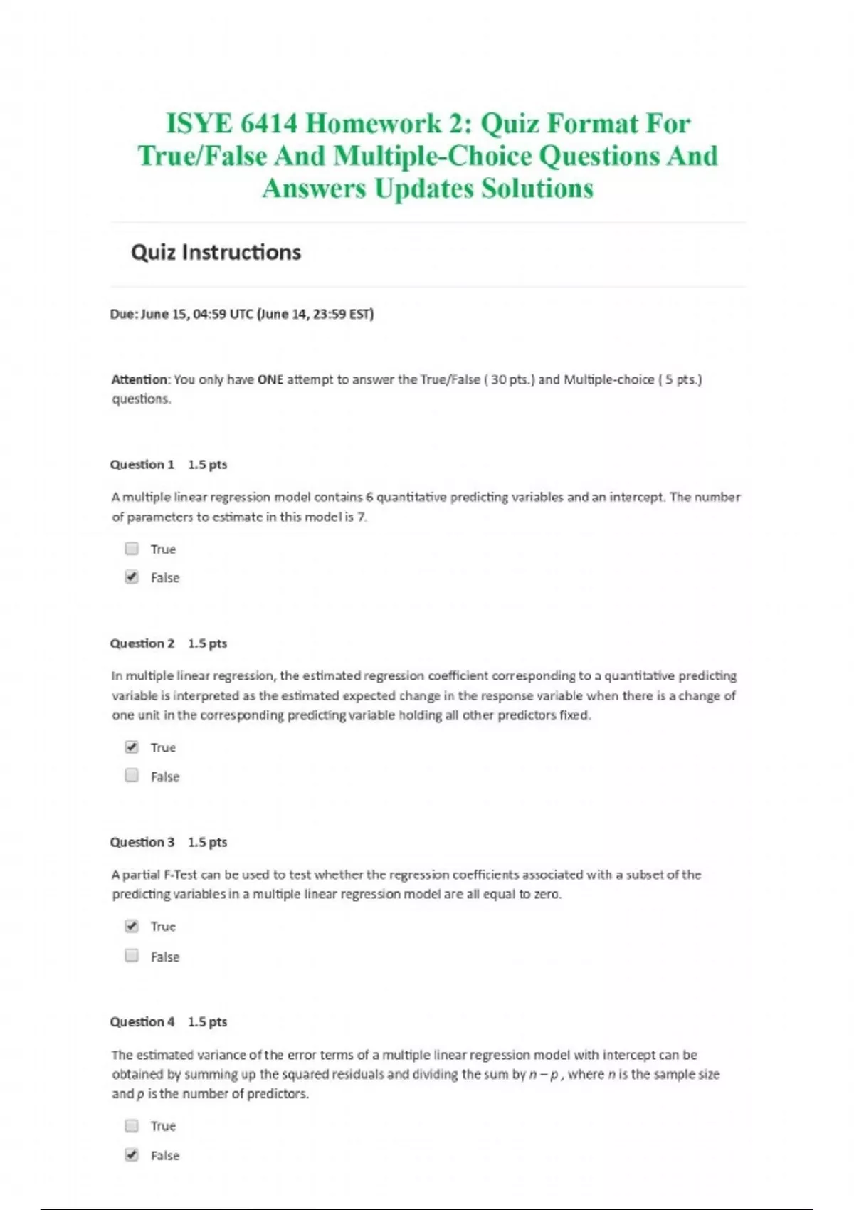 ISYE 6414 Homework 2: Quiz Format For True/False And Multiple-Choice Questions And Answers ...