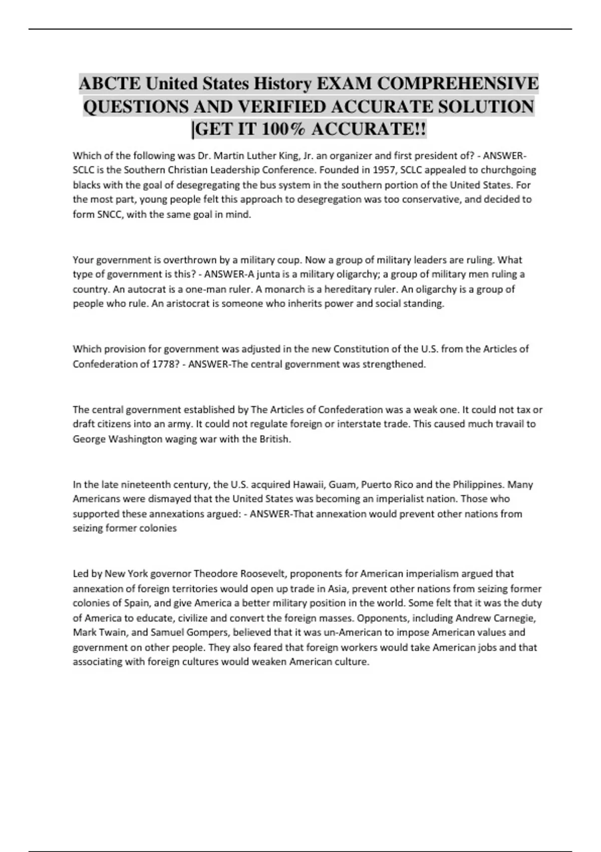 ABCTE United States History EXAM COMPREHENSIVE QUESTIONS AND VERIFIED ...