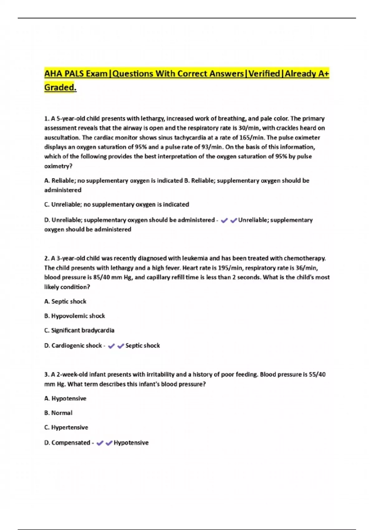 AHA PALS Exam|Questions With Correct Answers|Verified|Already A+ Graded ...