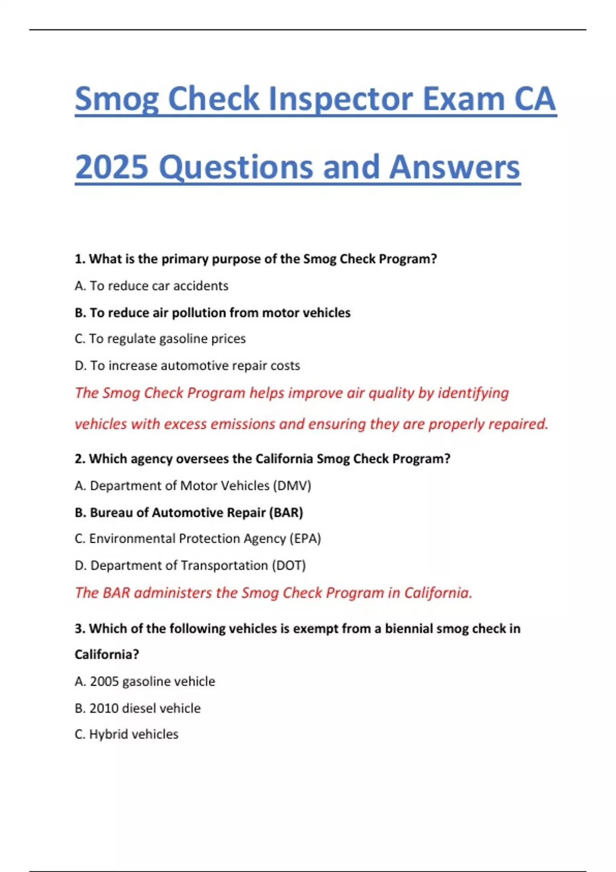 Smog Check Inspector Exam CA 2024/2025 Questions and Answers - NURS ...