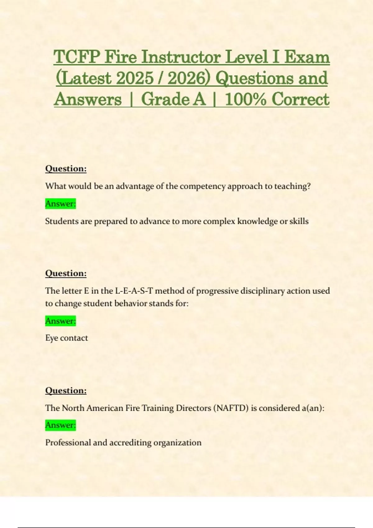 TCFP Fire Instructor Level I, II & III Exams (Latest 2025 / 2026 ...