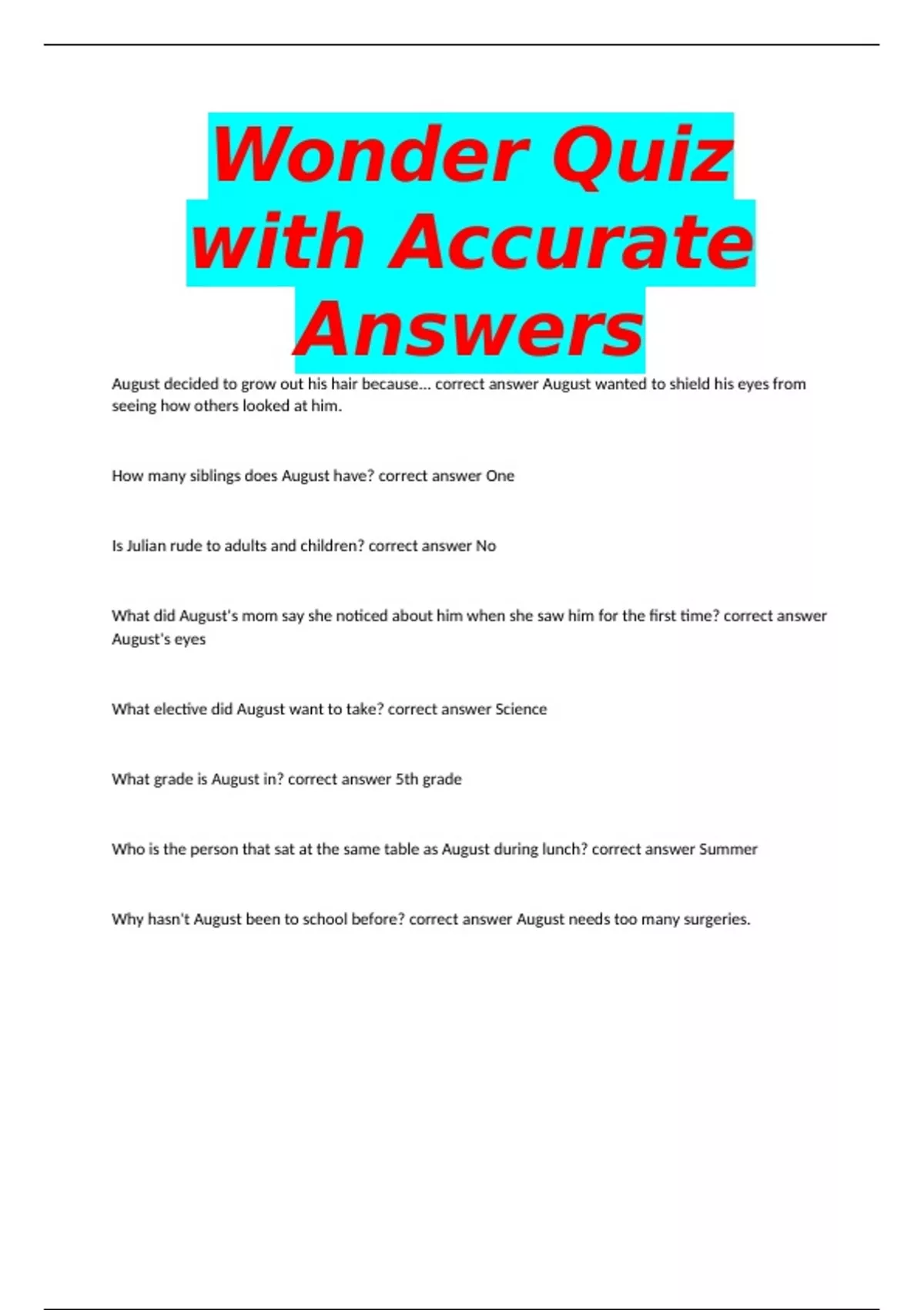 Wonder Quiz with Accurate Answers - Wonderlic - Stuvia US