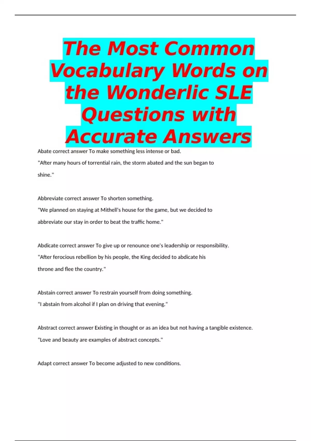 The Most Common Vocabulary Words on the Wonderlic SLE Questions with ...