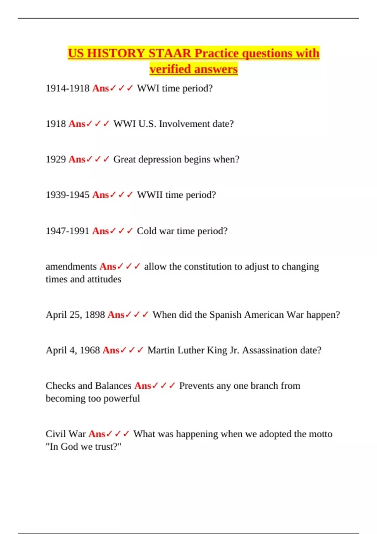 U.S. History STAAR Exam – Practice Questions with Verified Answers ...