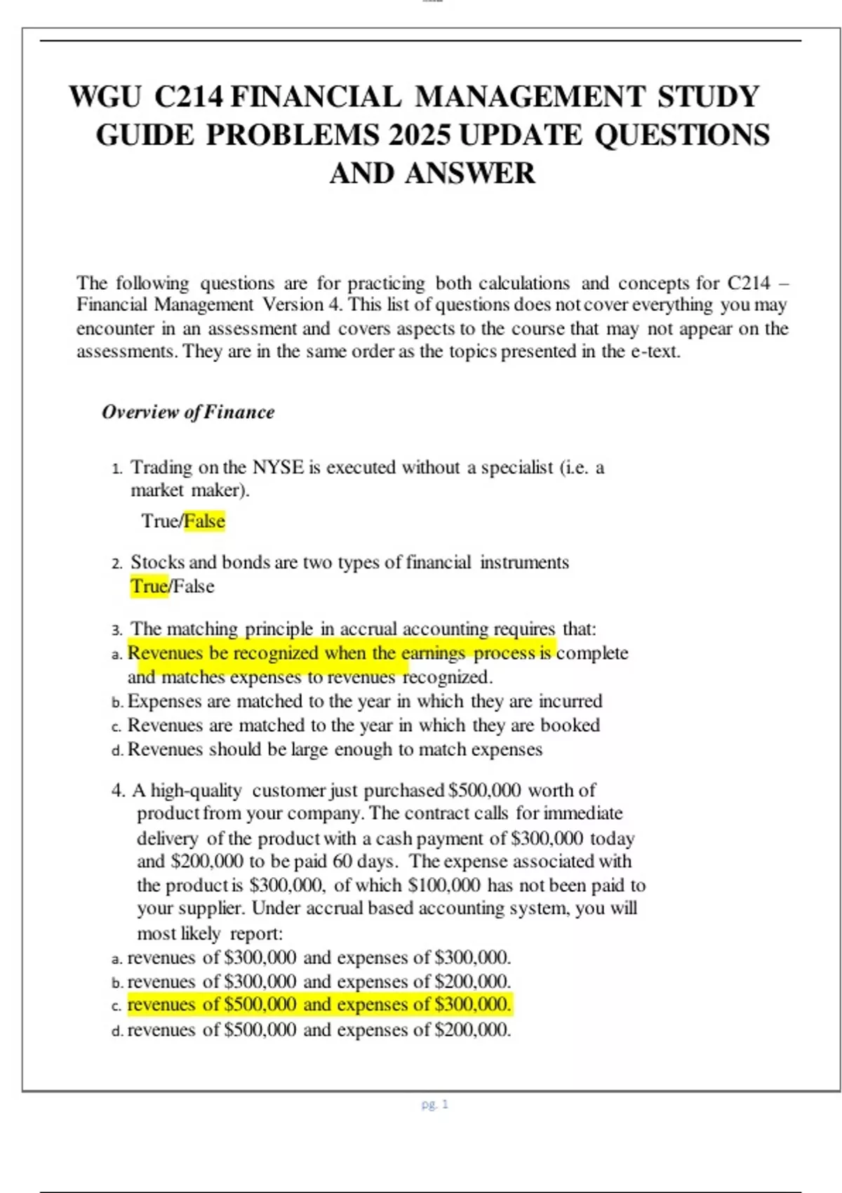 WGU C214 FINANCIAL MANAGEMENT STUDY GUIDE PROBLEMS 2025 UPDATE QUESTIONS AND ANSWER.pdf ...