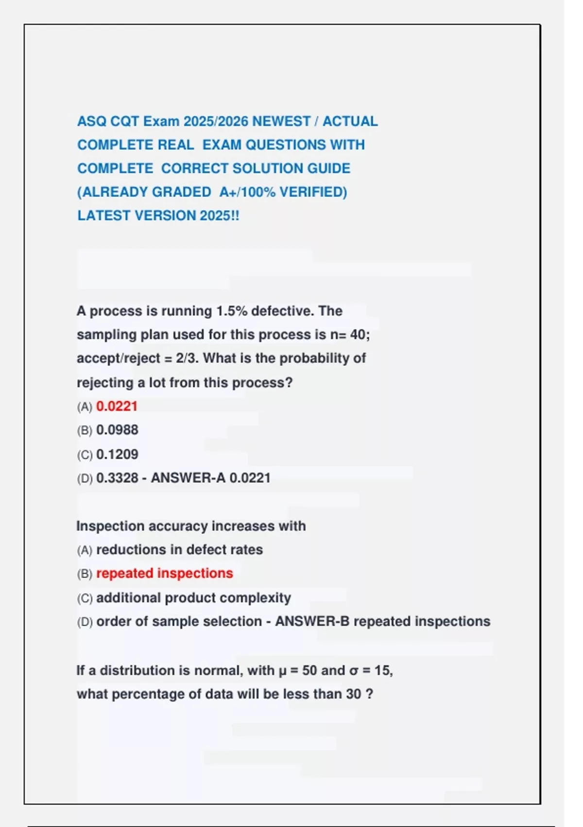 ASQ CQT Exam 2025/2026 NEWEST / ACTUAL COMPLETE REAL EXAM QUESTIONS WITH COMPLETE CORRECT ...