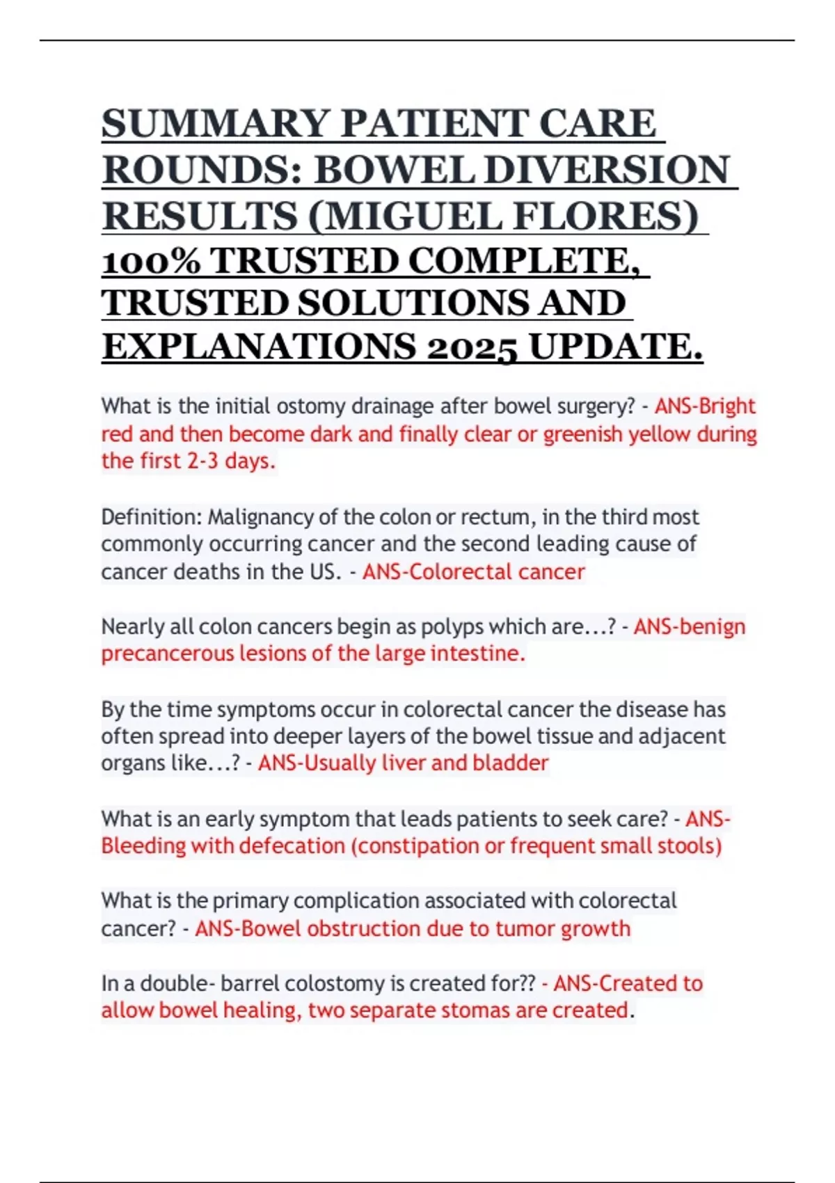 SUMMARY PATIENT CARE ROUNDS BOWEL DIVERSION RESULTS (MIGUEL FLORES) 100 ...