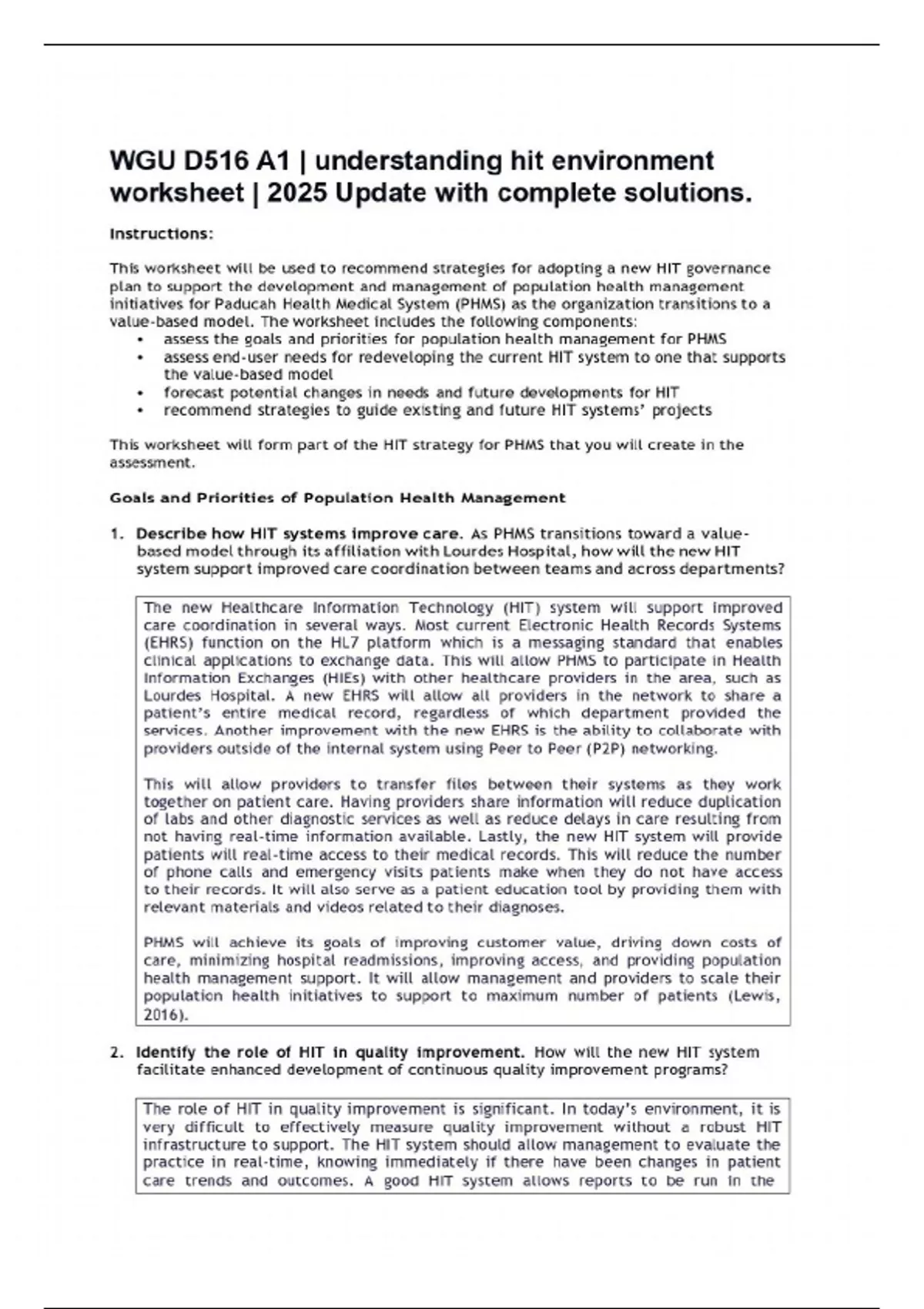 WGU D516 A1 | understanding hit environment worksheet | 2025 Update with complete solutions ...