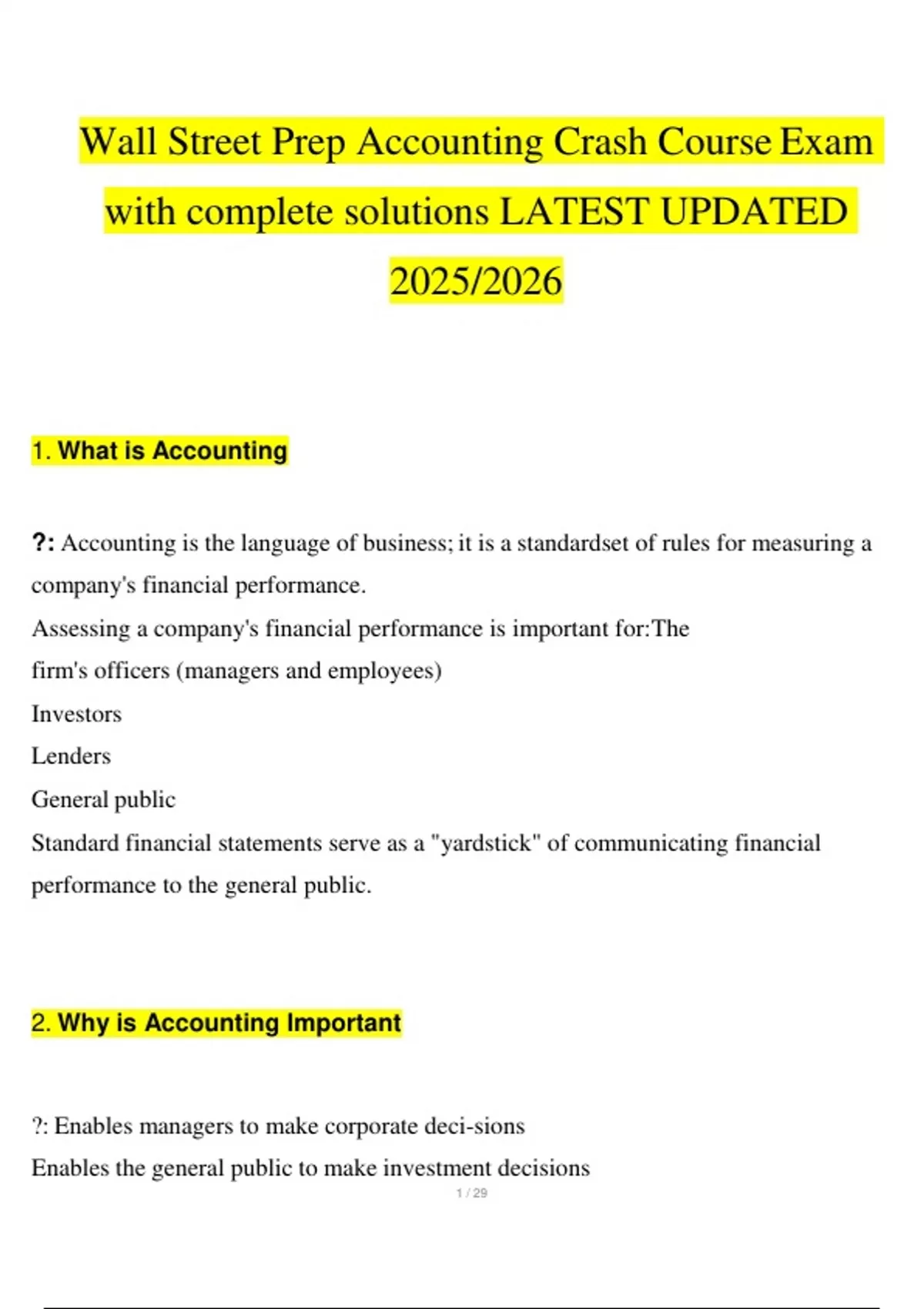 Wall Street Prep Accounting Crash Course Exam with complete solutions ...