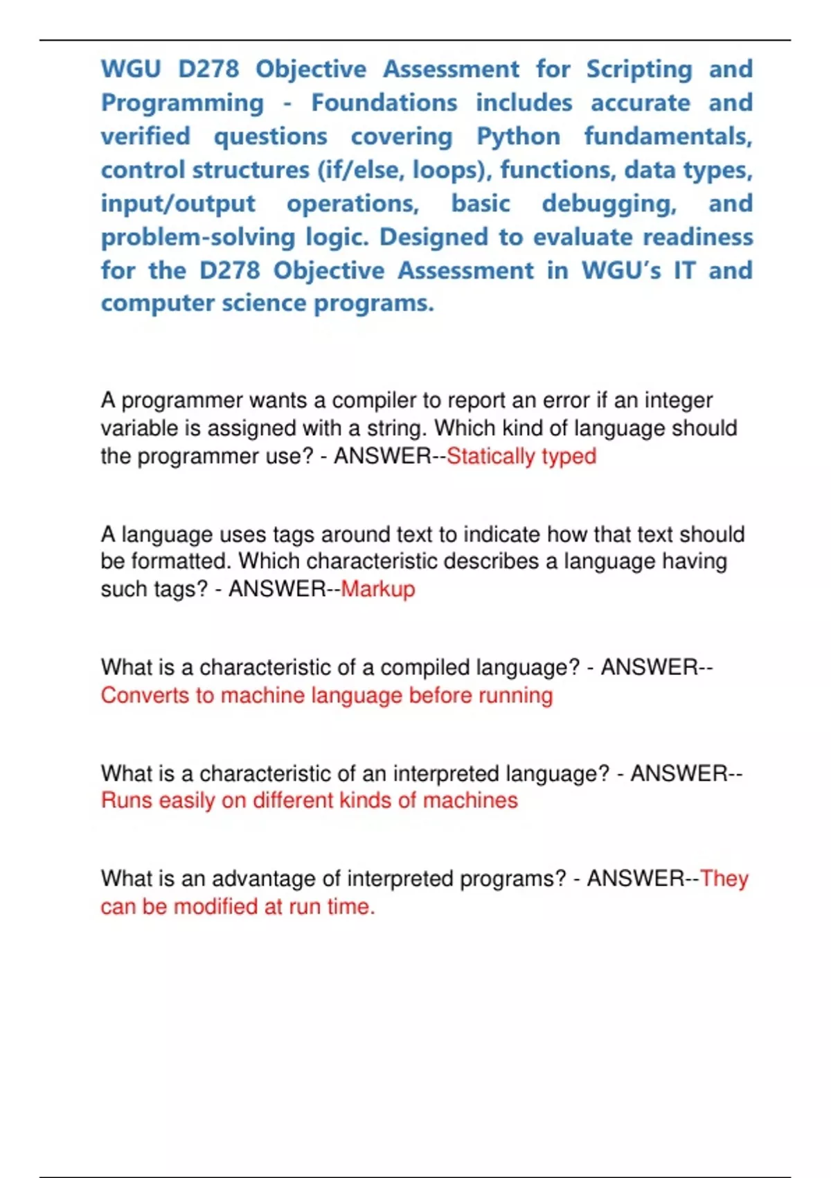 WGU D278 Objective Assessment for Scripting and Programming - Foundations includes accurate and ...