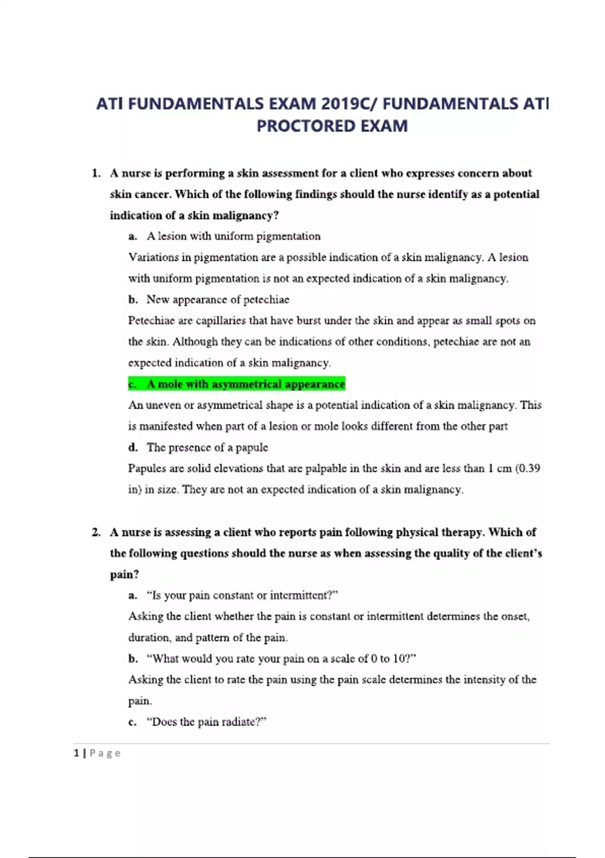 ATI FUNDAMENTALS EXAM 2019 C; FUNDAMENTALS ATI PROCTORED EXAM with ...