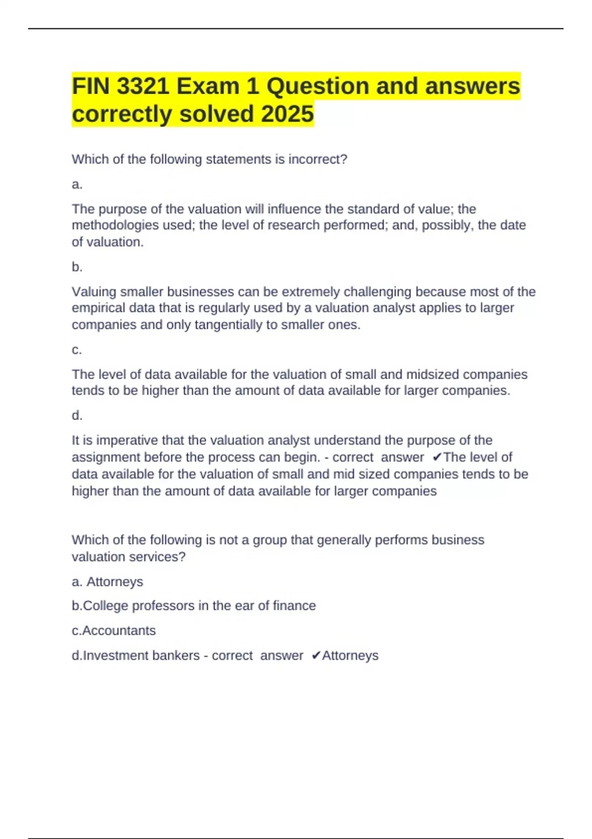 FIN 3321 Exam 1 Question and answers correctly solved 2025 - FIN 3321 ...