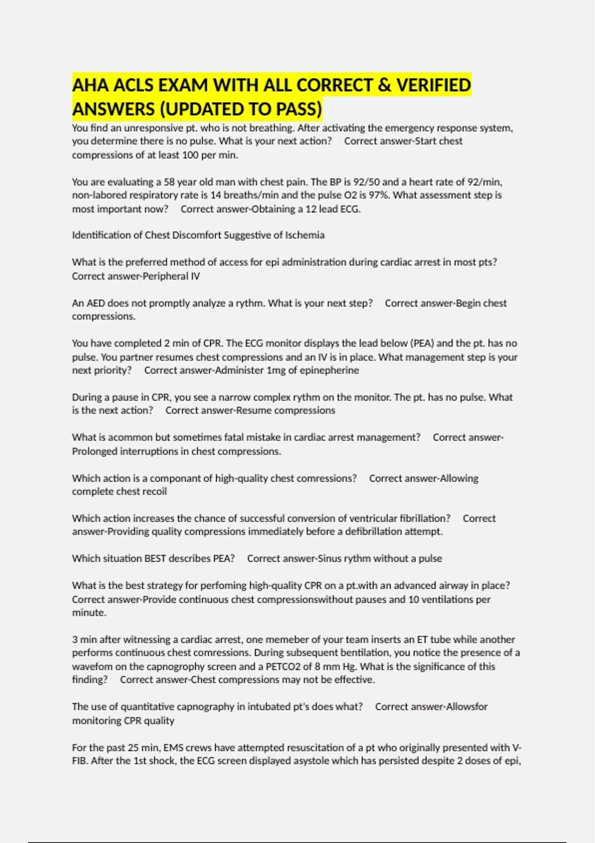 AHA ACLS EXAM WITH ALL CORRECT & VERIFIED ANSWERS (UPDATED TO PASS ...