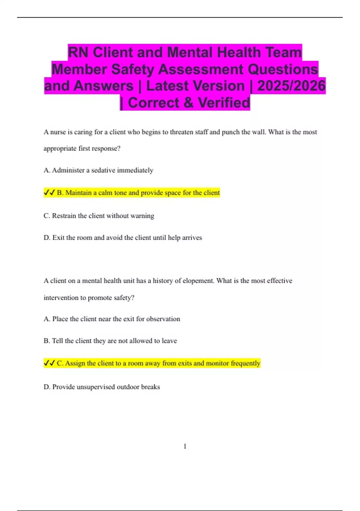 RN Client and Mental Health Team Member Safety Assessment Questions and ...