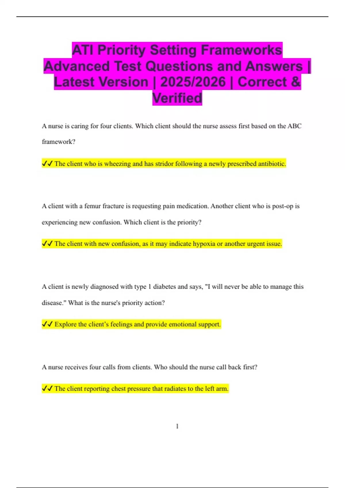 ATI Priority Setting Frameworks Advanced Test Questions and Answers ...