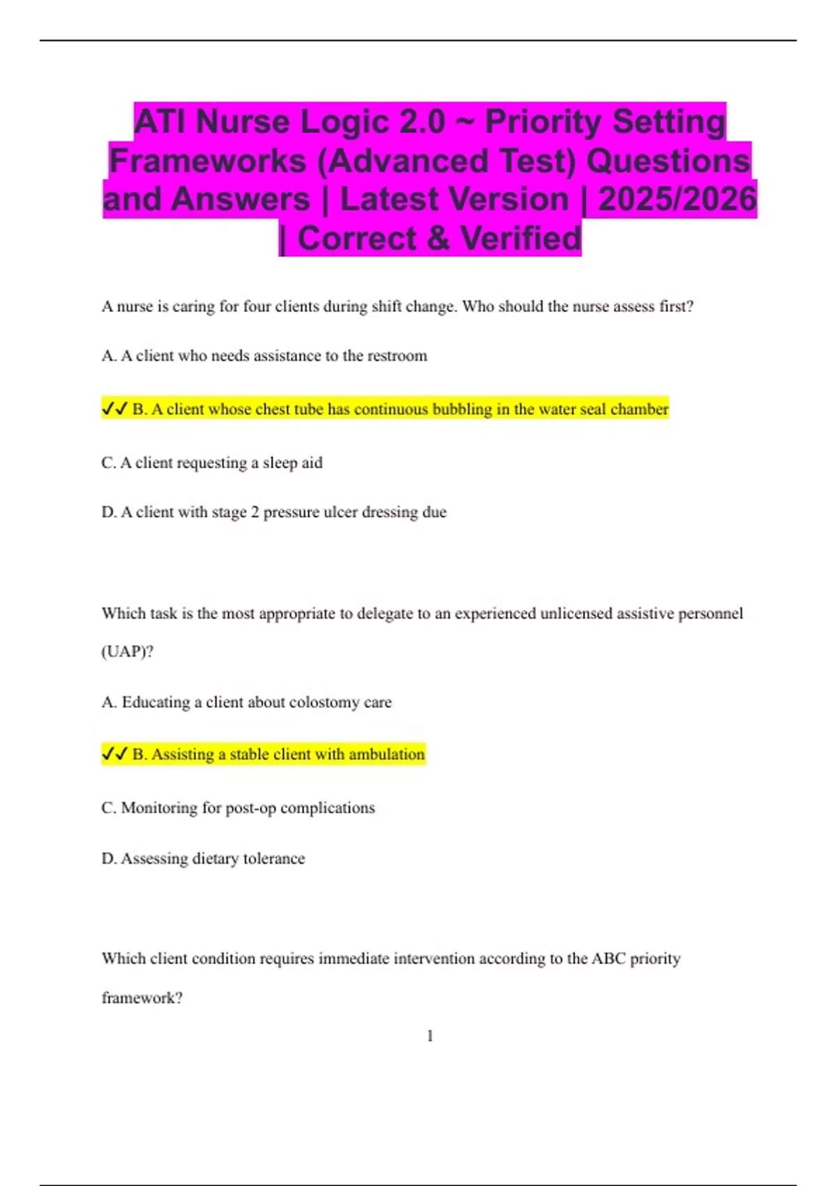Ati Nurse Logic 2 0 ~ Priority Setting Frameworks Advanced Test Questions And Answers Latest